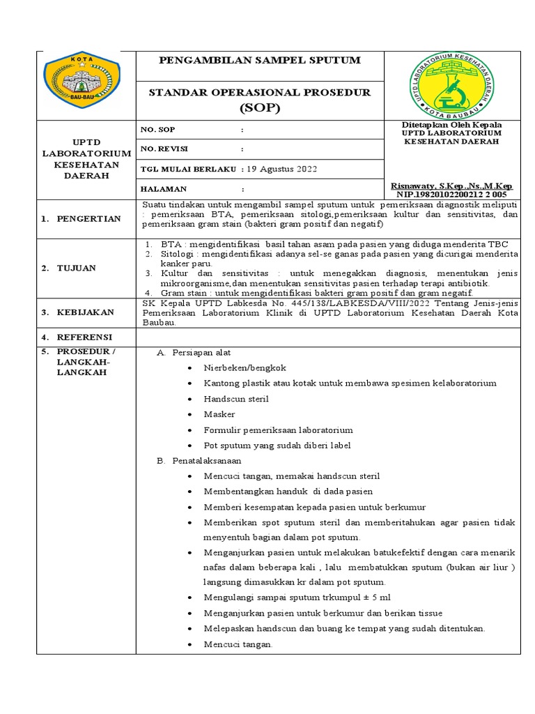 Sop Pengambilan Sampel Sputum | PDF