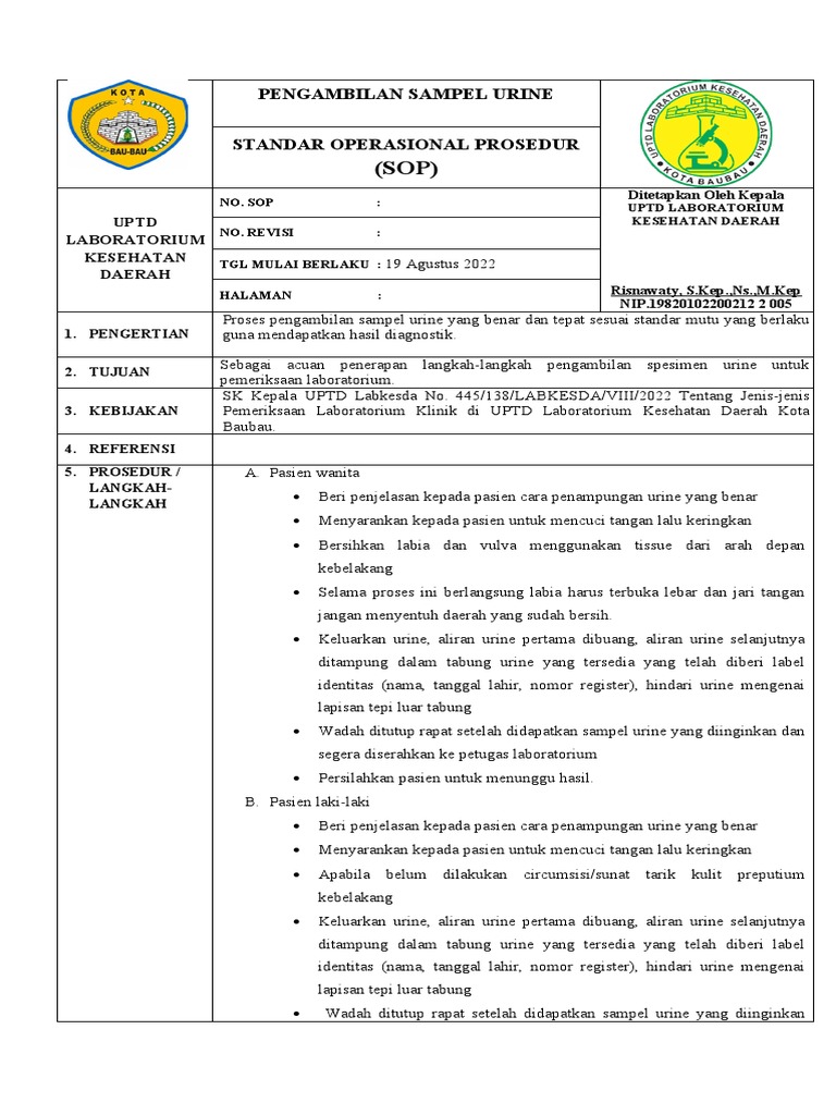 Sop Pengambilan Sampel Urine | PDF