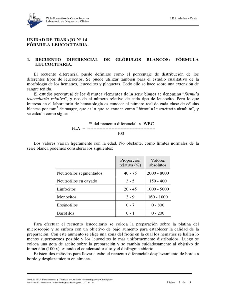 Ut14. Formula Leucocitaria | PDF | Leucocito | Especialidades Medicas