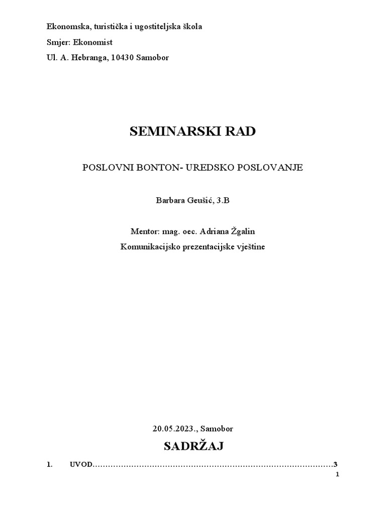 Seminarski Rad - Uredsko Poslovanje | PDF