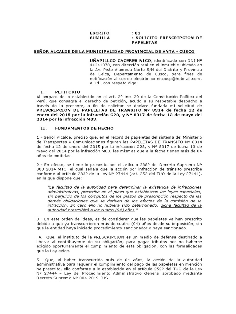 Solicitud de Prescripción de Papeletas | PDF | Estatuto de limitaciones | Gobierno