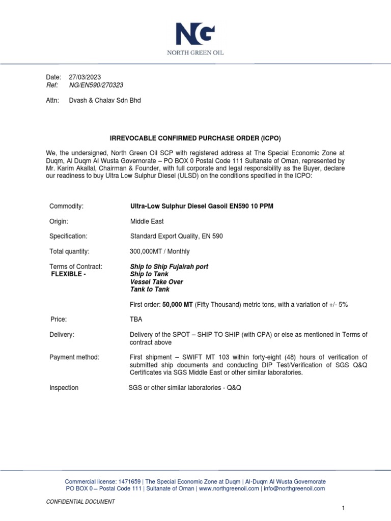 ICPO for EN590 ULSD Purchase Order | PDF | Chemistry | Chemical Substances