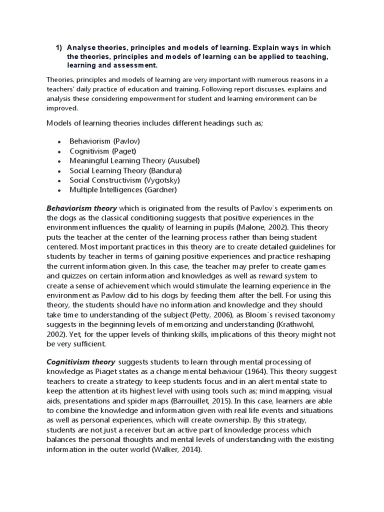 Analyse Theories, Principles and Models of Learning. Explain Ways in ...