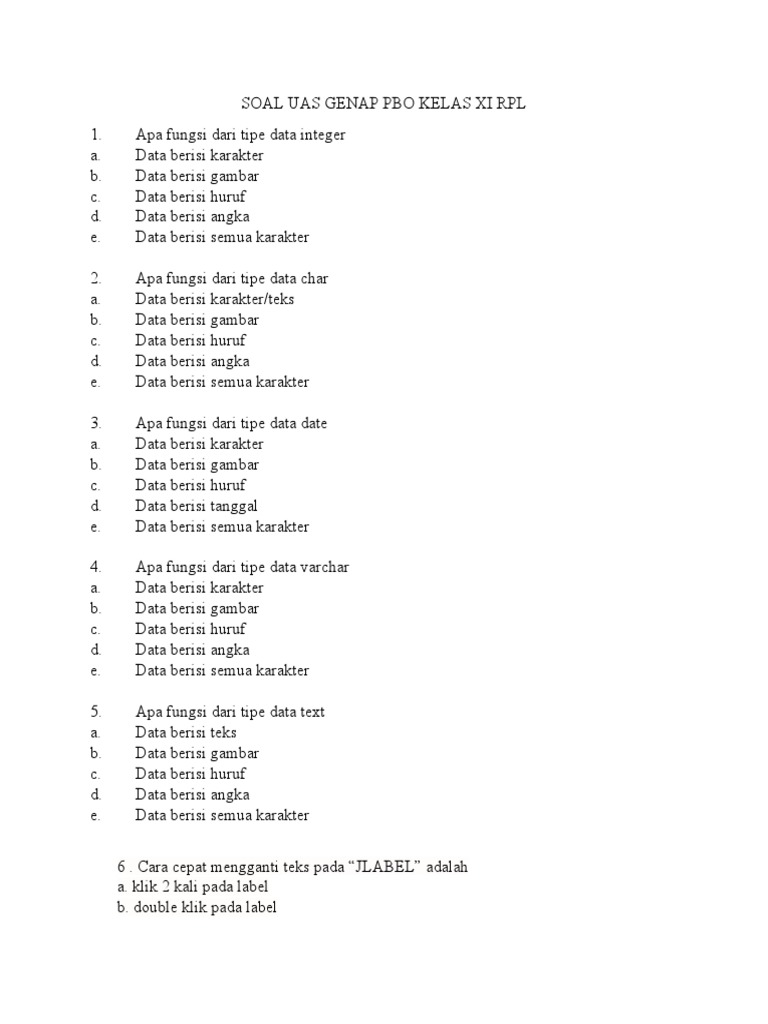 Soal Uas Genap Pbo Kelas Xi RPL | PDF