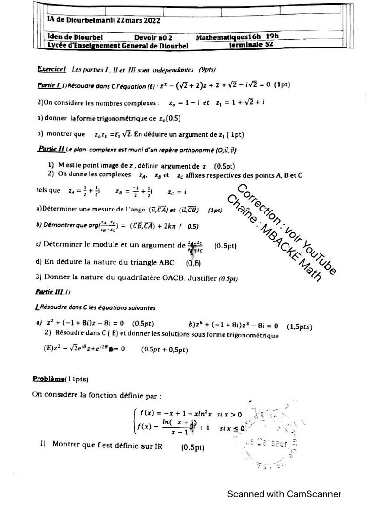 Devoir Maths - ts2 - Lycée D'excellence D | PDF