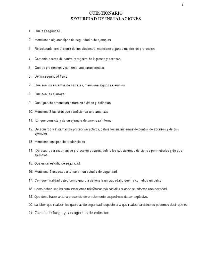 Cuestionario Seguridad de Instalaciones | PDF