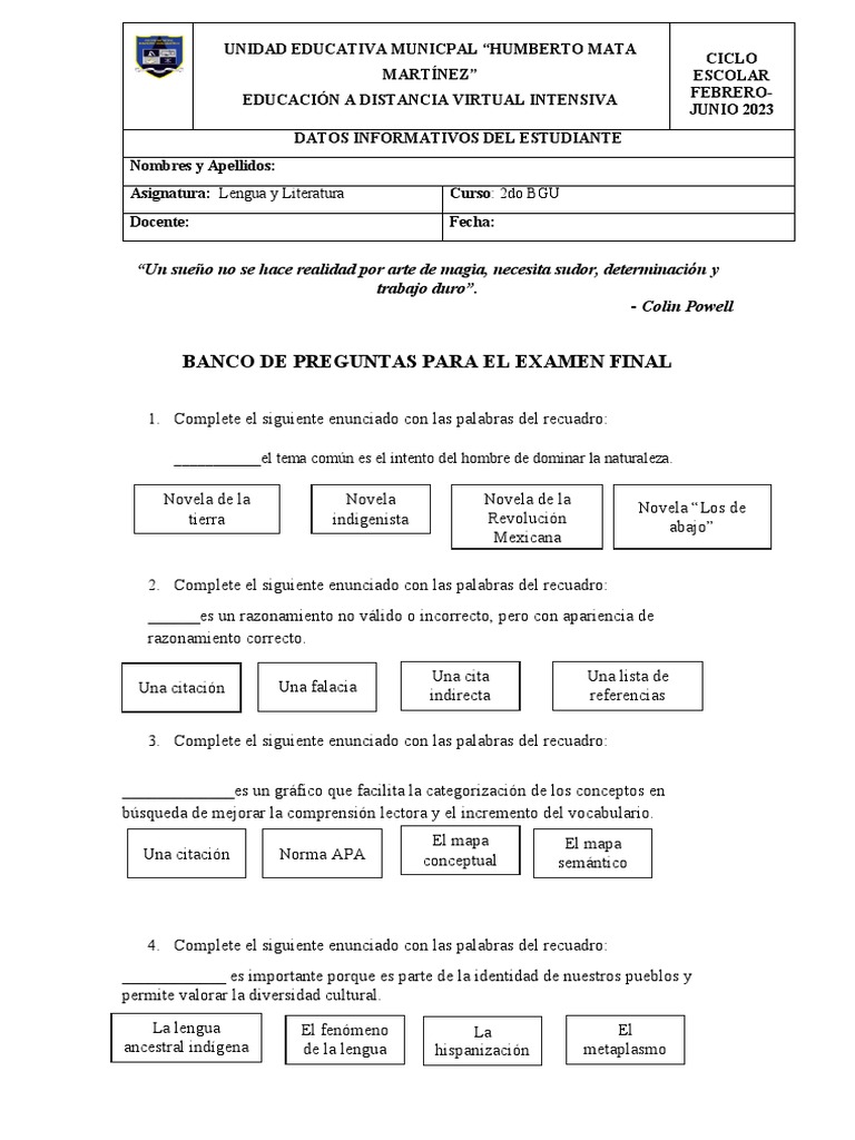 Banco de Preguntas Lengua y Literatura 2doBGU | PDF