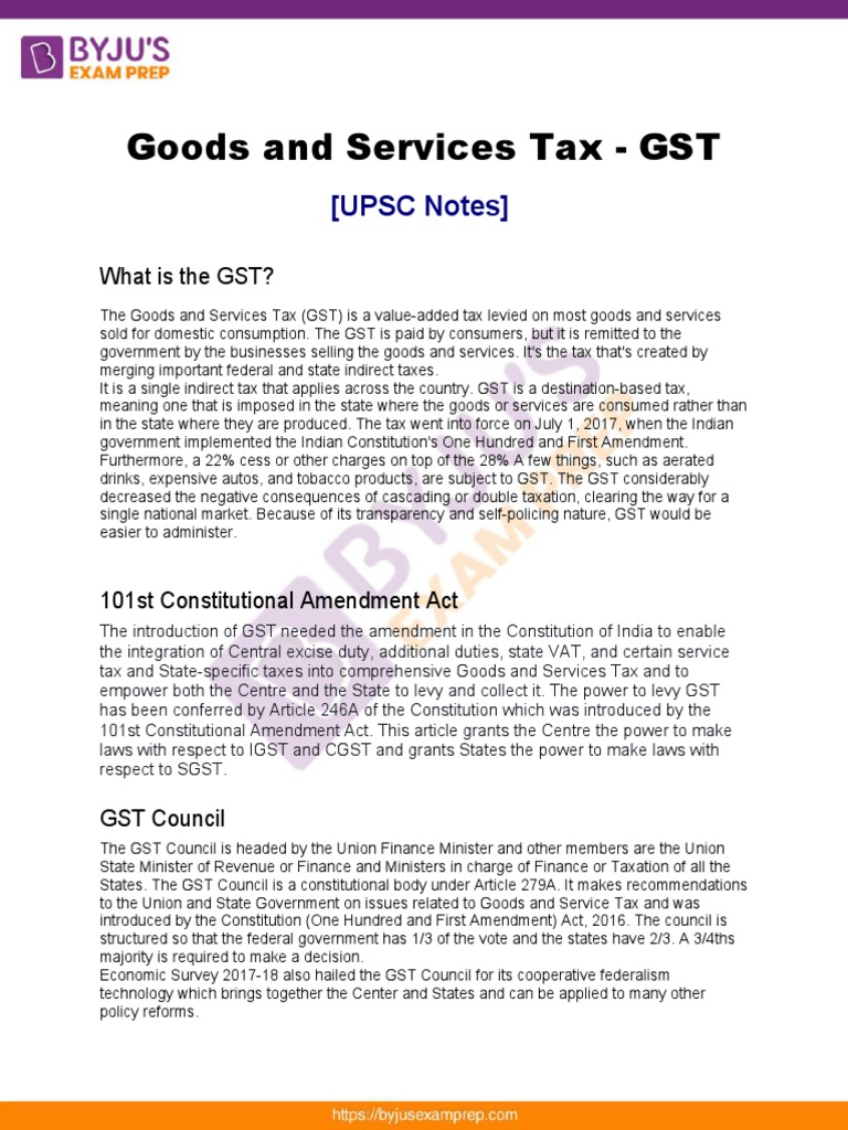 Goods and Services Tax Upsc Notes 98 | PDF | Value Added Tax | Taxes