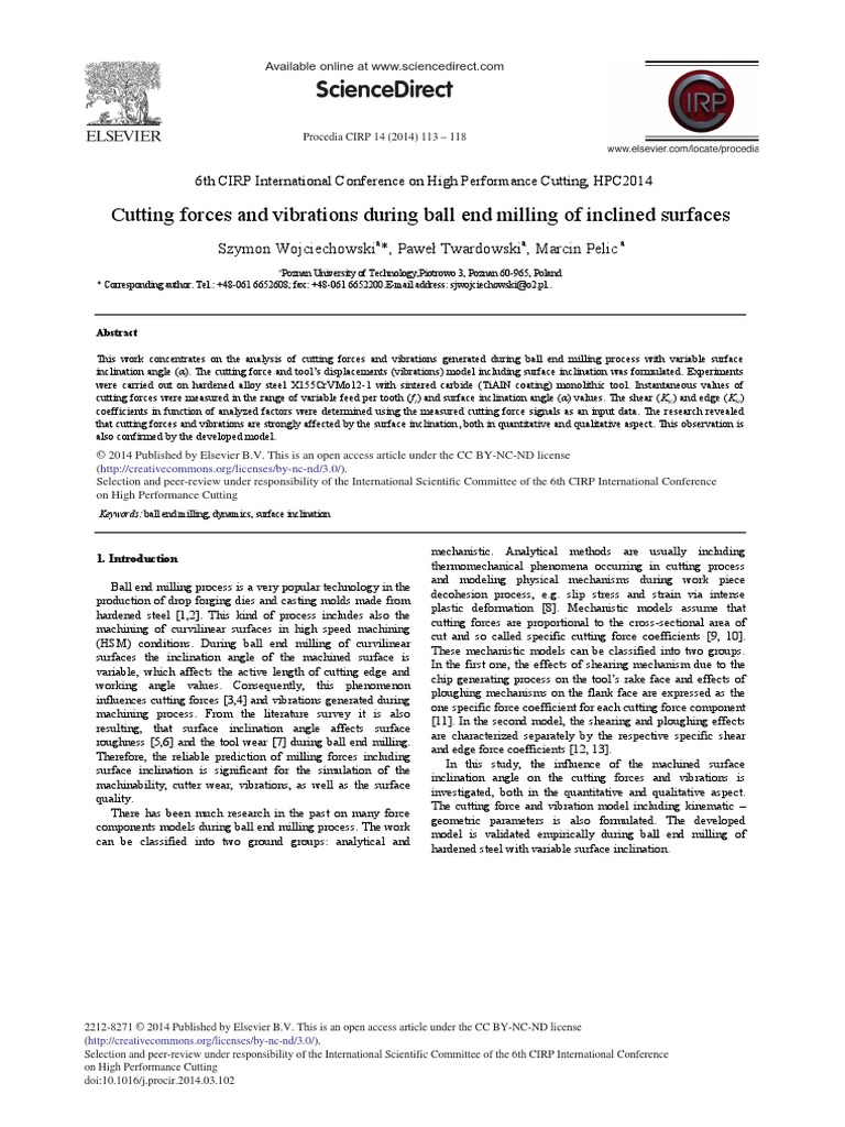 Cutting Forces And Vibrations During Ball End Milling Of Inclined Surfaces Pdf Force Machining