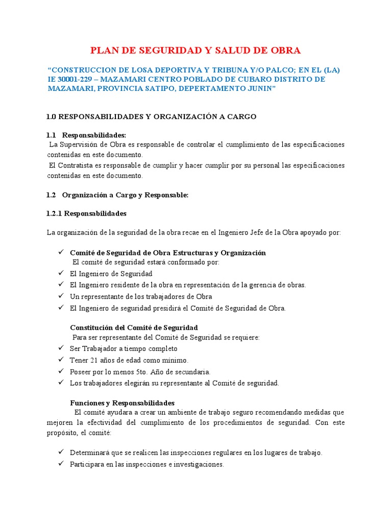 PLAN DE SEGURIDAD Y SALUD EN OBRA Ok | PDF | Agua | Primeros auxilios