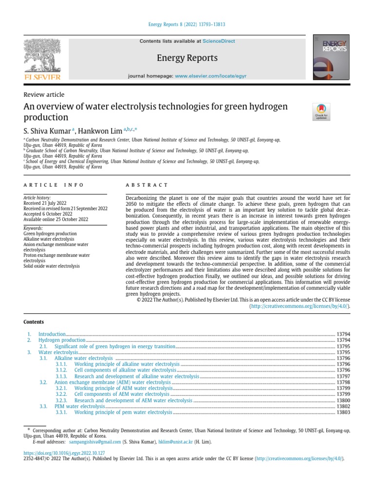 An Overview of Water Electrolysis Technologies For Green Hydrogen | PDF