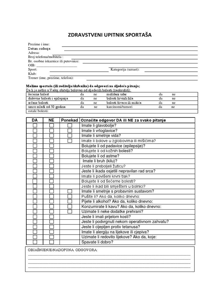 Upitnik Za Pregled Sportasa | PDF