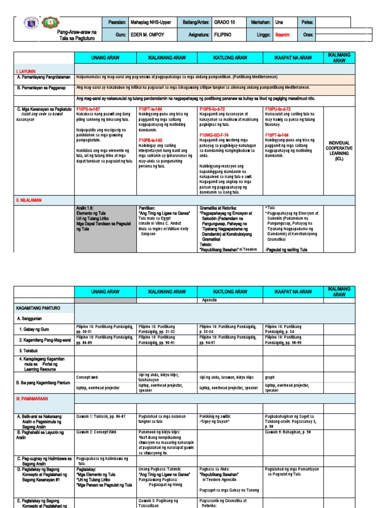 6 DLL IN FILIPINO 10. Aralin 1.6 | PDF
