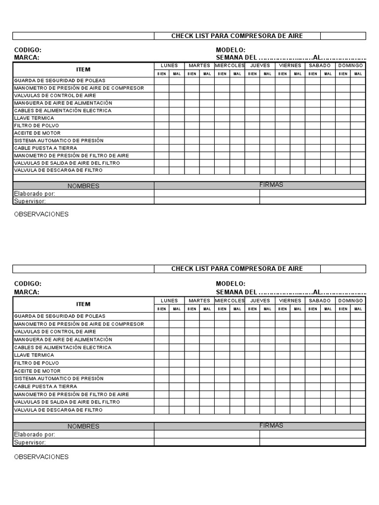 Check List para Compresora de Aire | PDF
