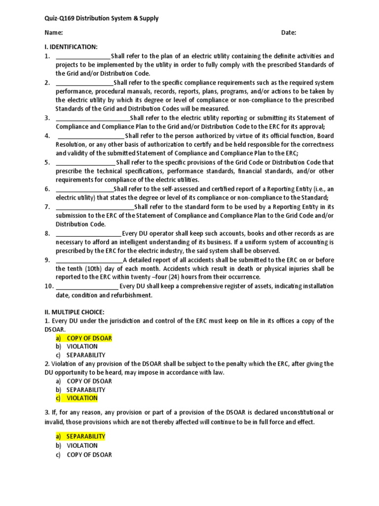 Quiz Applicable Rules and Regulation in Distribution System | PDF ...