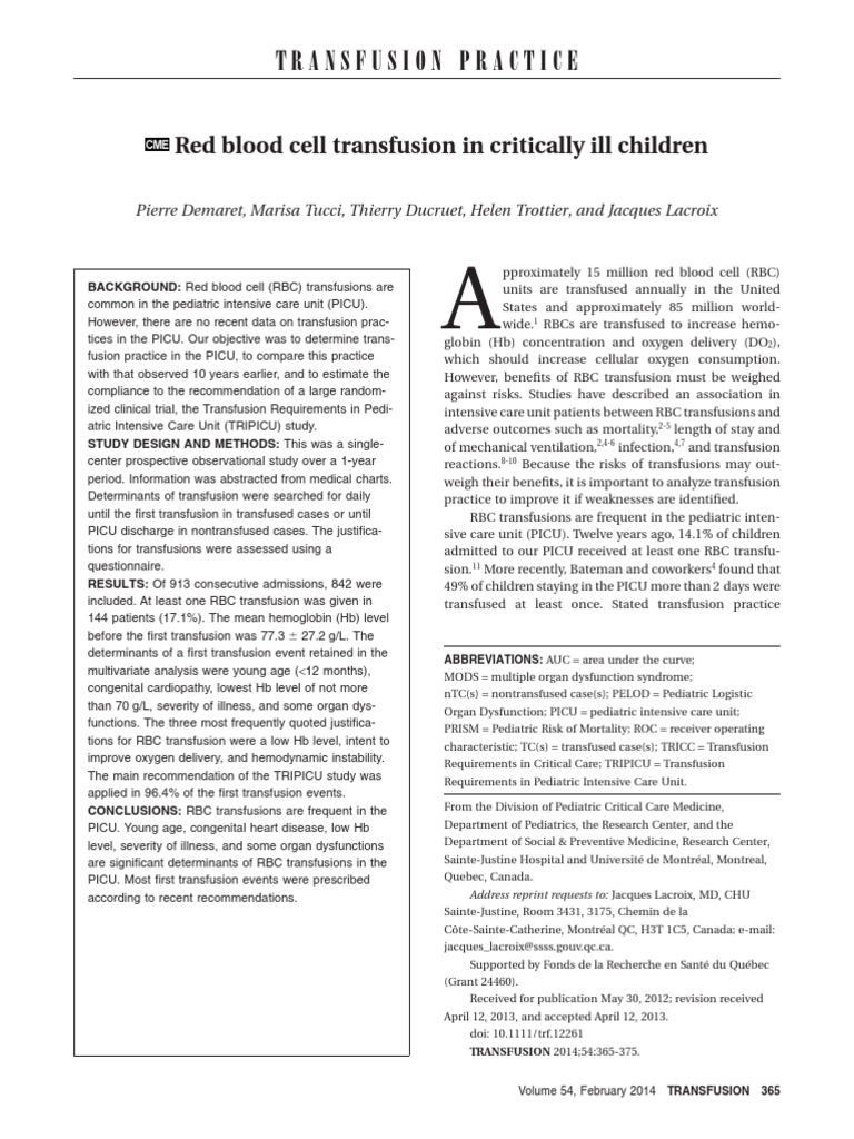 RBC Transfusion in Critically Ill Children | PDF | Blood Transfusion ...