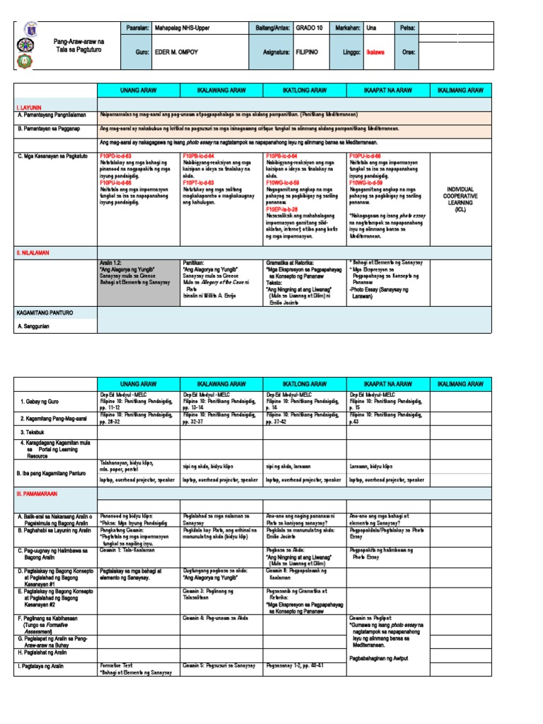 2 DLL IN FILIPINO 10. Aralin 1.2 | PDF