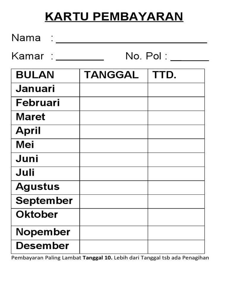Kartu Pembayaran Kos | PDF