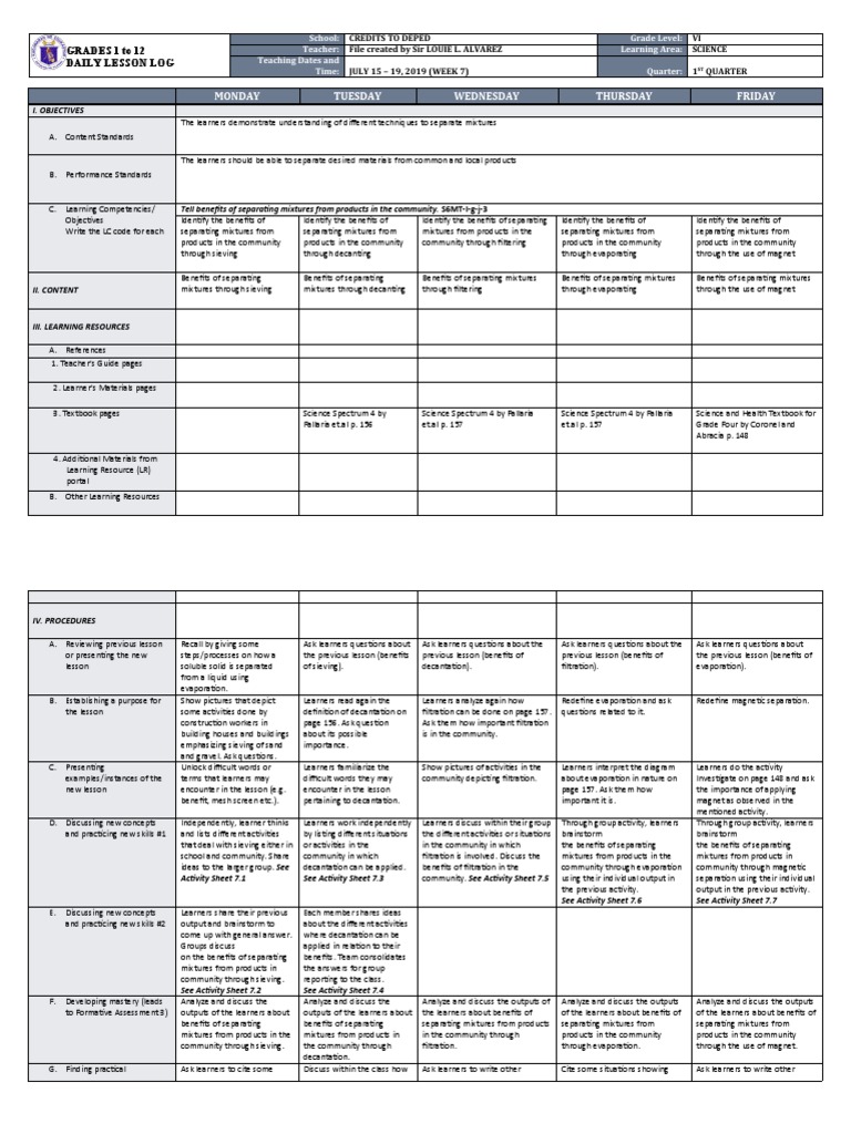 DLL Quarter 1 Week 7 Science 6 | PDF | Learning | Filtration