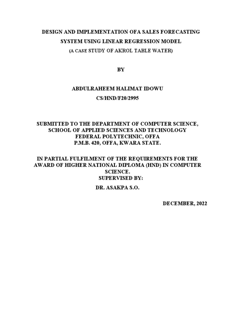 Design and Implementation Ofa Sales Forecasting System Using Linear Regression Model | PDF ...