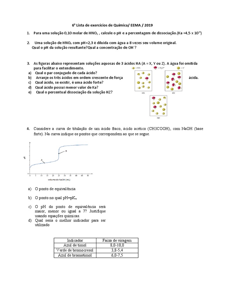 Lista Exercícios ácido Base Pdf Química Titulação