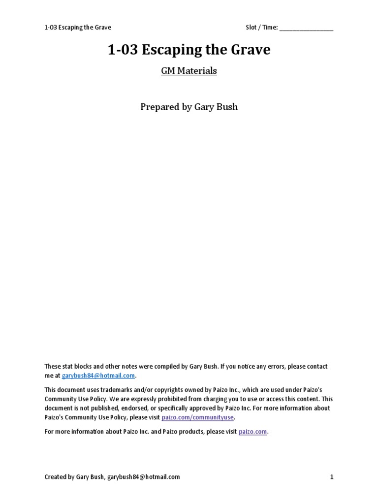 1049 FT0 1-03 Escaping The Grave GM Notes v2.0 | PDF 1049 FT0 1-03 Escaping The Grave GM Notes v2.0 | PDF