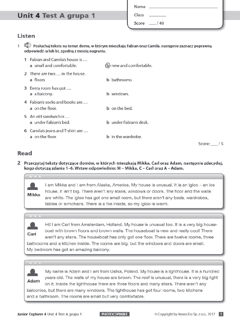 Junior Explorer 4 Unit 4 Test A Grupa 1 | PDF