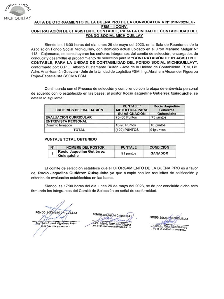 Acta de Buena Pro. Conv. 13-2023-I Conv. Contratacion Asistente Contable.. | PDF