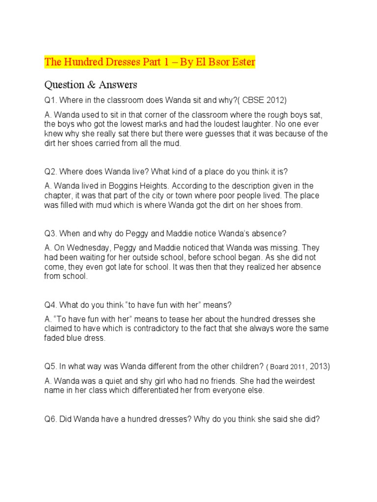 The Hundred Dresses Part 1-2 Notes | PDF