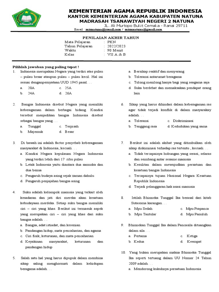 Soal PKN Kelas 7 Ab | PDF | Ilmu Sosial