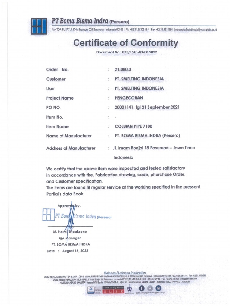 Contoh Manufacture Data Report | PDF