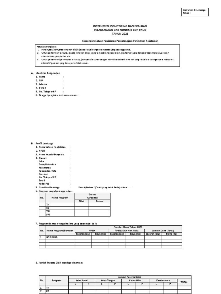 Instrumen Monev Bop Paud 2021 | PDF