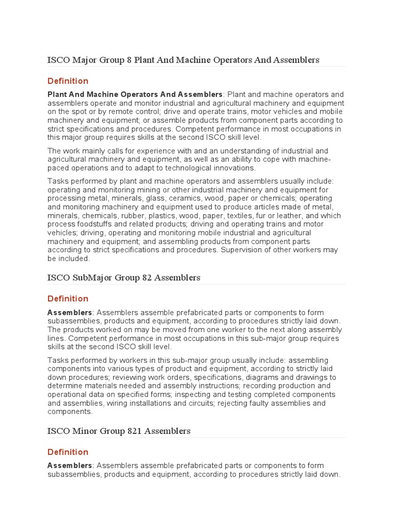 ISCO Major Group 8 Plant and Machine Operators and Assemblers ...