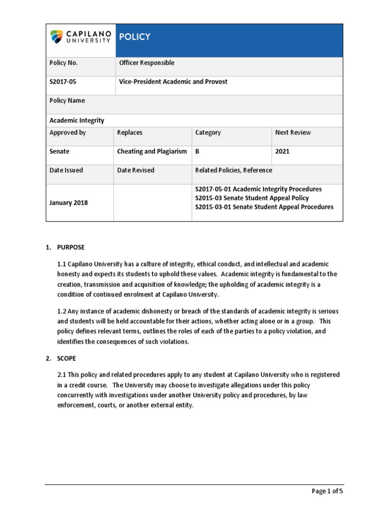 S20137 05 Academic Integrity Policy | PDF | Academic Dishonesty ...