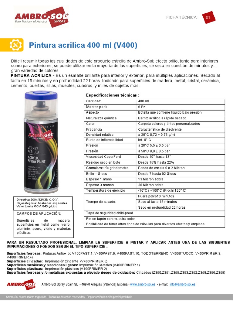 Pintura Acrilica 400 ML Spray Ambro Sol V400 | PDF | Pinturas | Compuesto orgánico volátil
