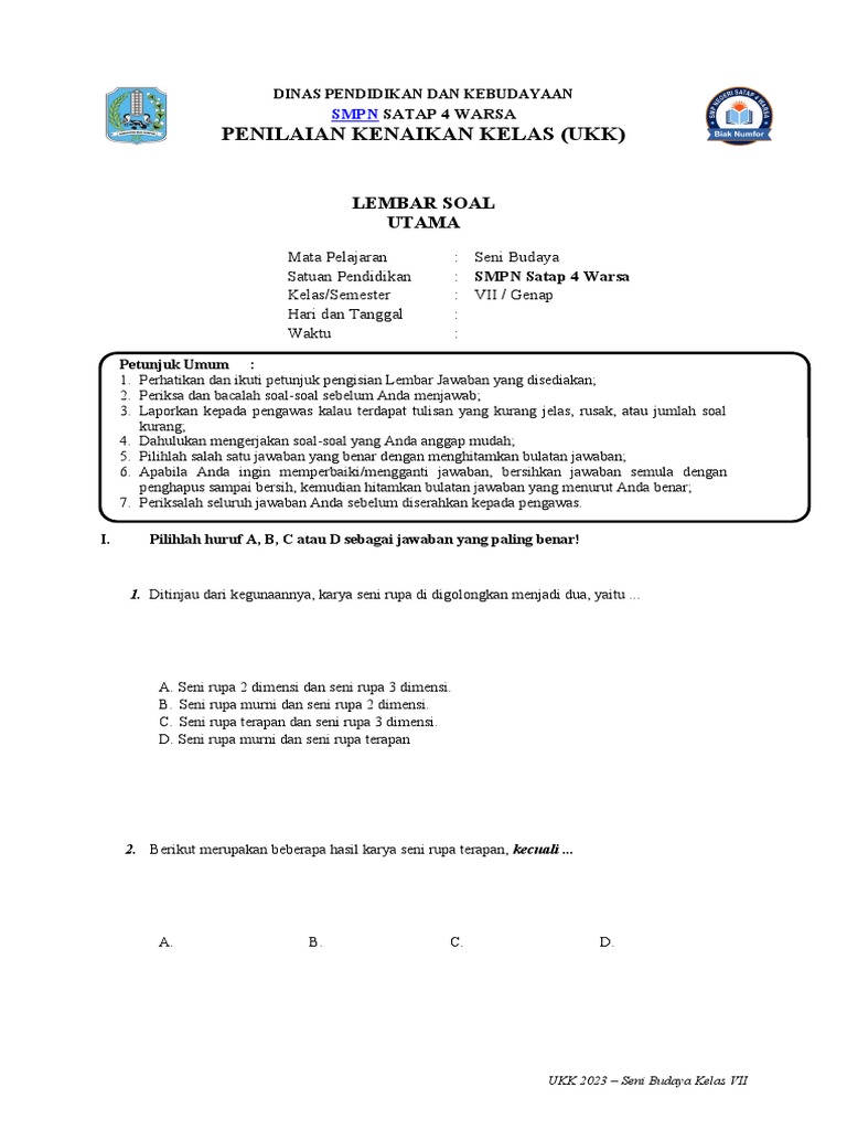 Soal PAT Kelas VII - Seni Budaya (New) | PDF