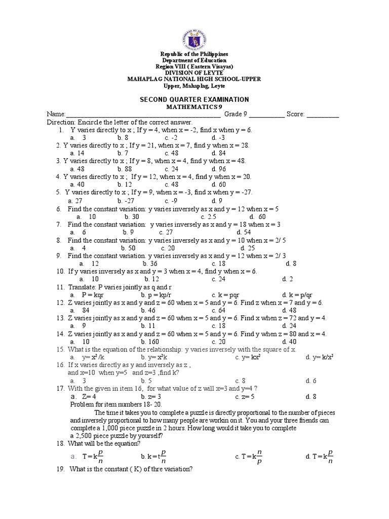 Second Quarter Exam Math 9 | PDF | Mathematics