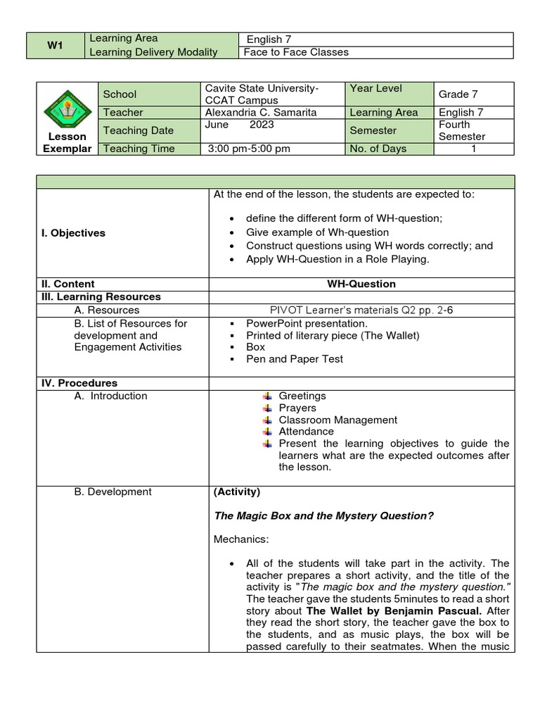 WH Questions Lesson Plan for Grade 7 | PDF | Language Arts & Discipline