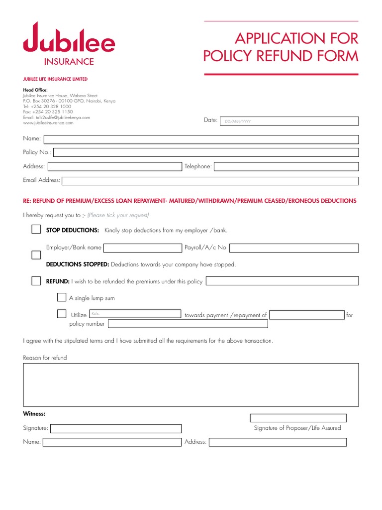 Application For Policy Refund Form 2021 | PDF