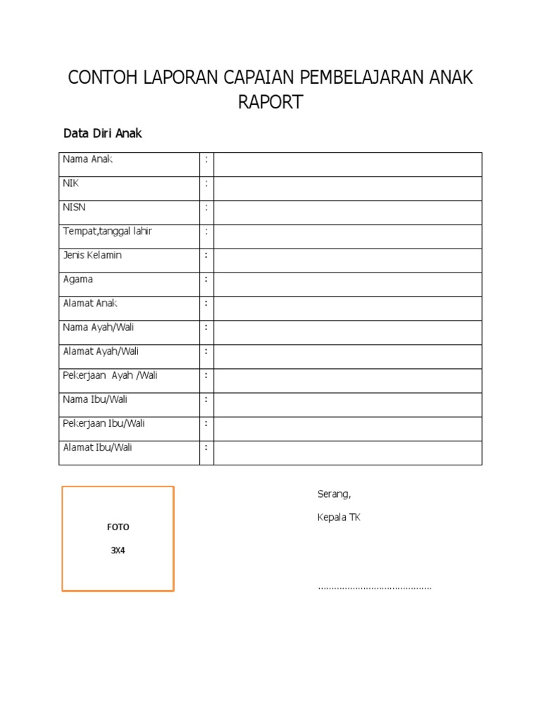 Contoh Laporan Capaian Pembelajaran Anak Raport | PDF