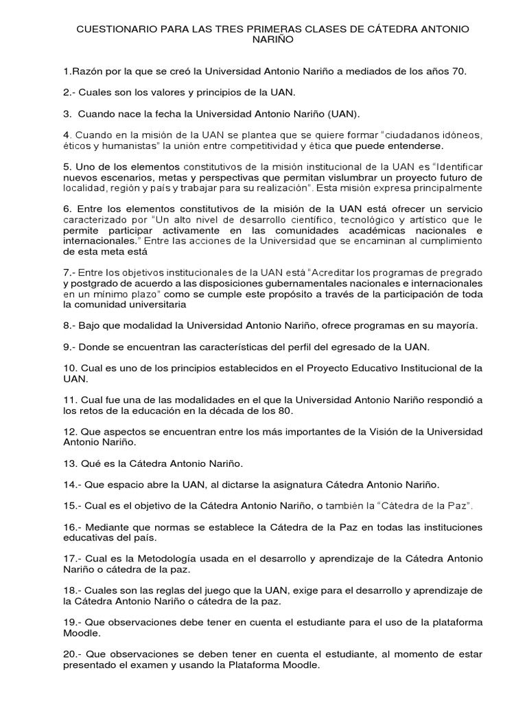 Cuestionario para Las Tres Primeras Clases de Cátedra Antonio Nariño | PDF