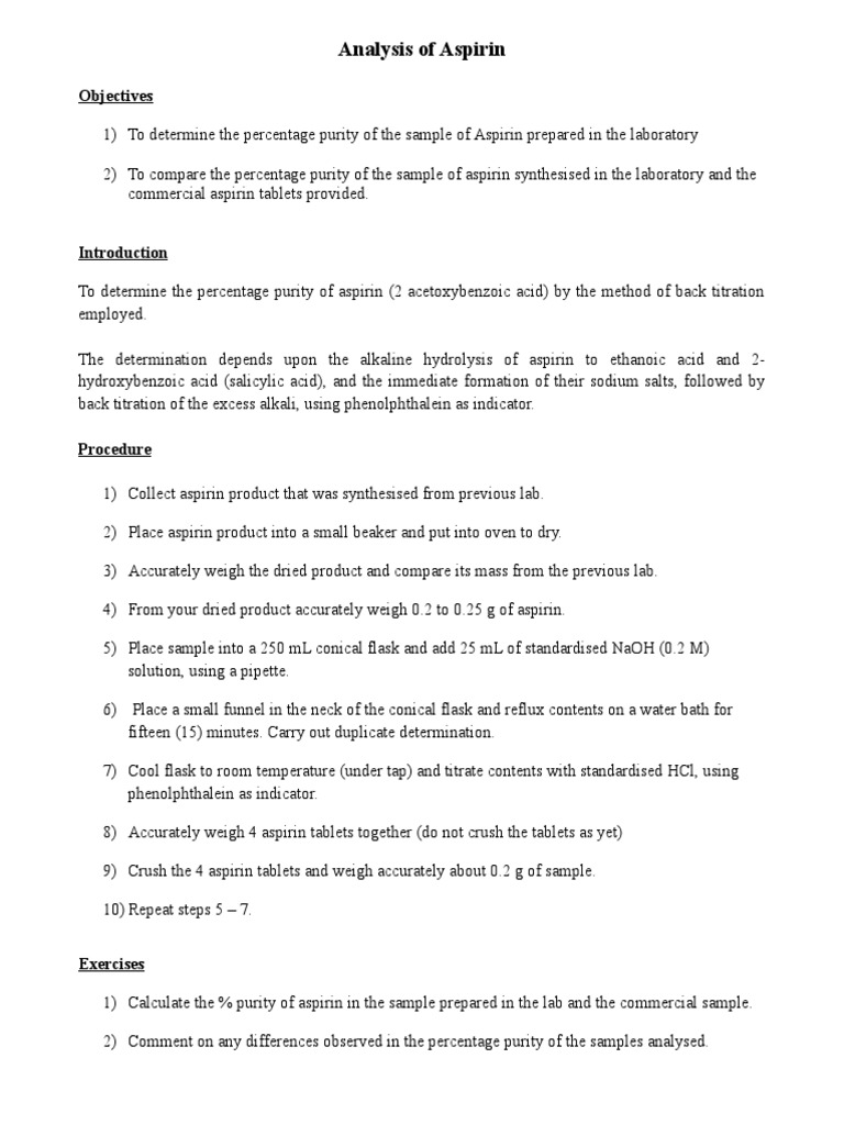 Analysis of Aspirin Lab | PDF