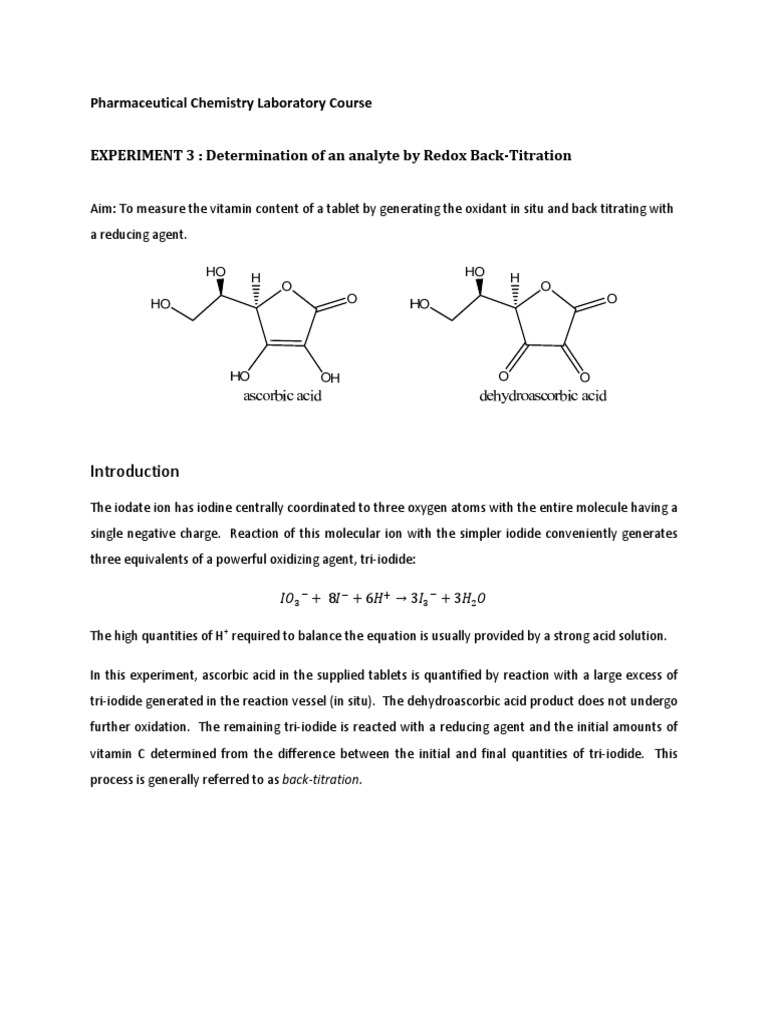 Redox Back Titration Lab | PDF | Titration | Chemistry