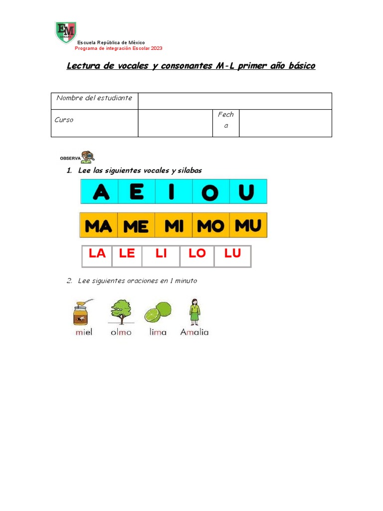 Lectura de Vocales y Consonantes M | PDF