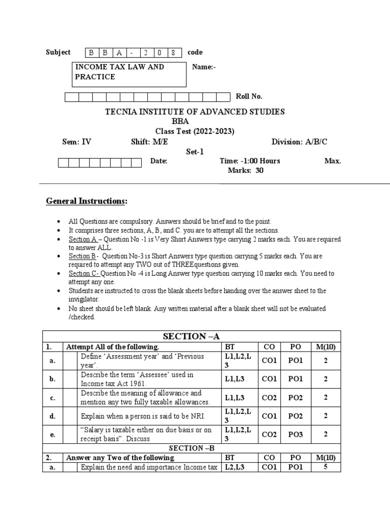 Question bank-BBA 208-Income Tax by Dr. Preeti Jindal | Download Free ...