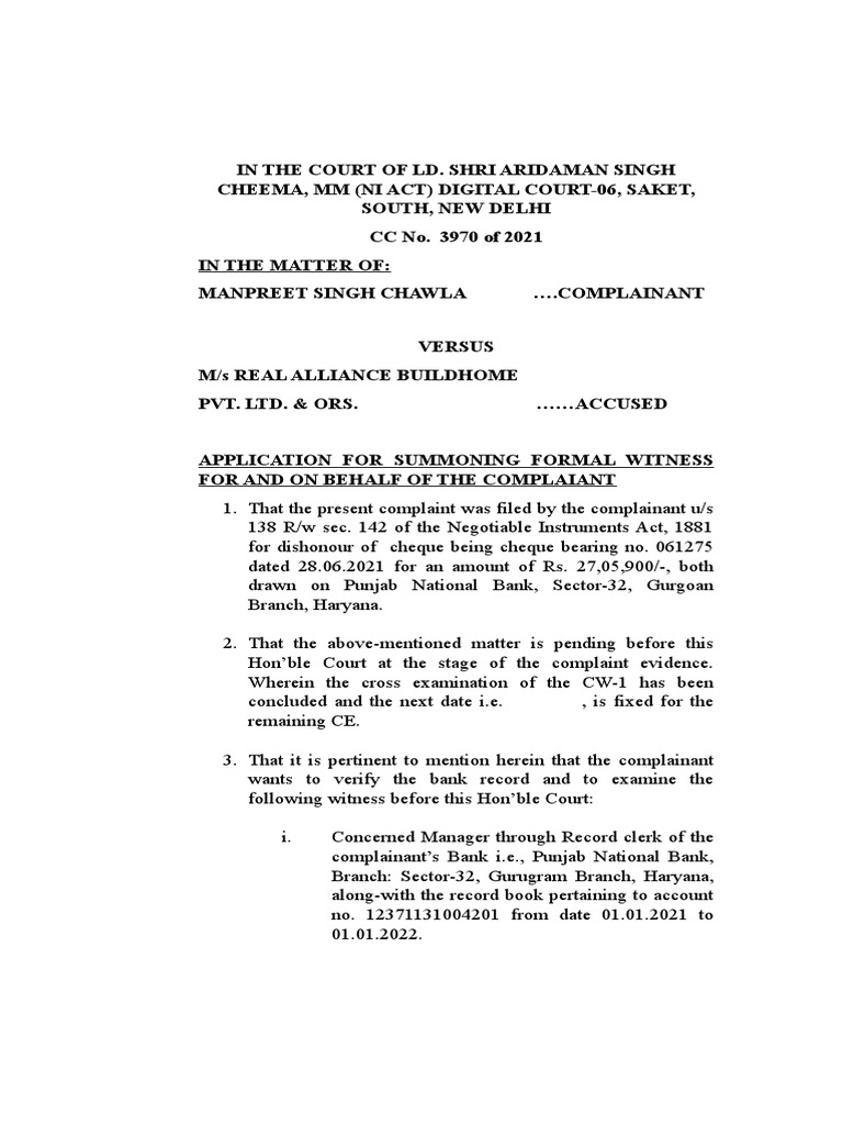 Application For Summoning of Witnesses | PDF | Complaint | Justice