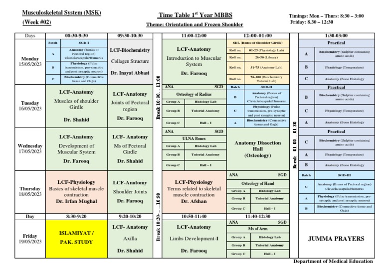 Timetable 1st Year MBBS MSK Module Week 2 | PDF | Musculoskeletal ...