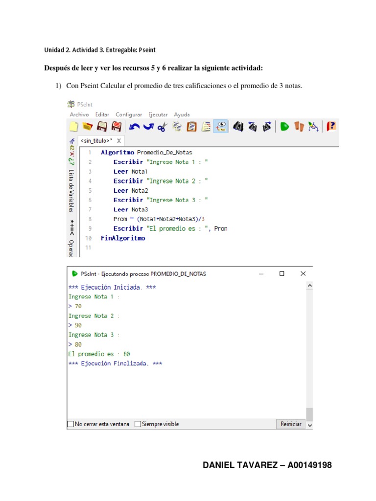 Tavarez Daniel Unidad 2. Actividad 3. Entregable Pseint | PDF | Métodos y materiales de enseñanza