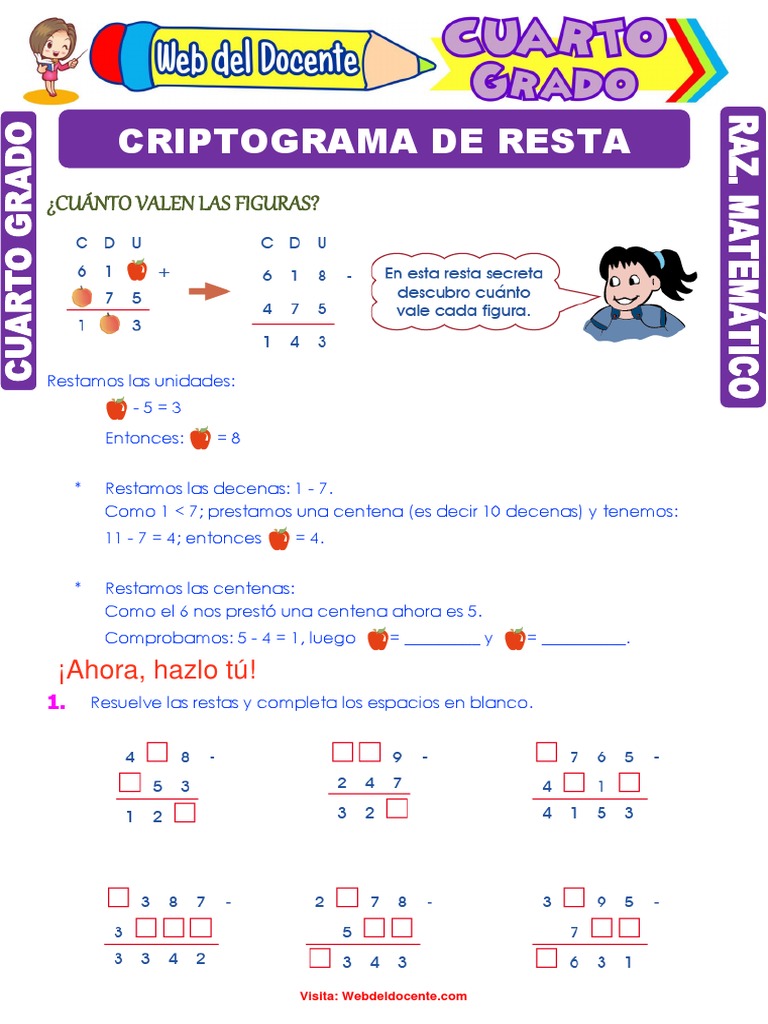 Criptograma de Resta para Cuarto Grado de Primaria | PDF
