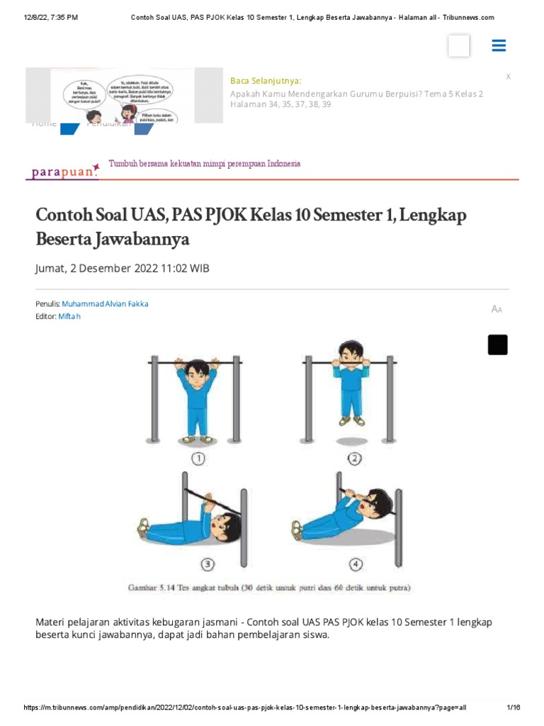 Contoh Soal UAS, PAS PJOK Kelas 10 Semester 1, Lengkap Beserta Jawabannya - Halaman All | PDF
